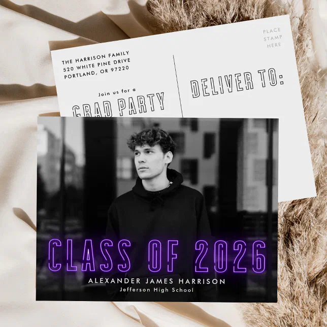 Purple Neon Class of 2026 Photo Graduation Party Invitation Postcard ...