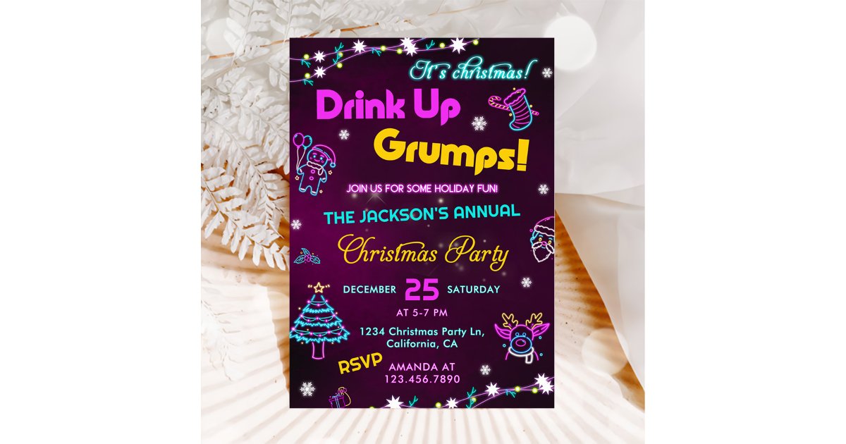 Purple Neon Modern Holiday Christmas Party Invitation | Zazzle
