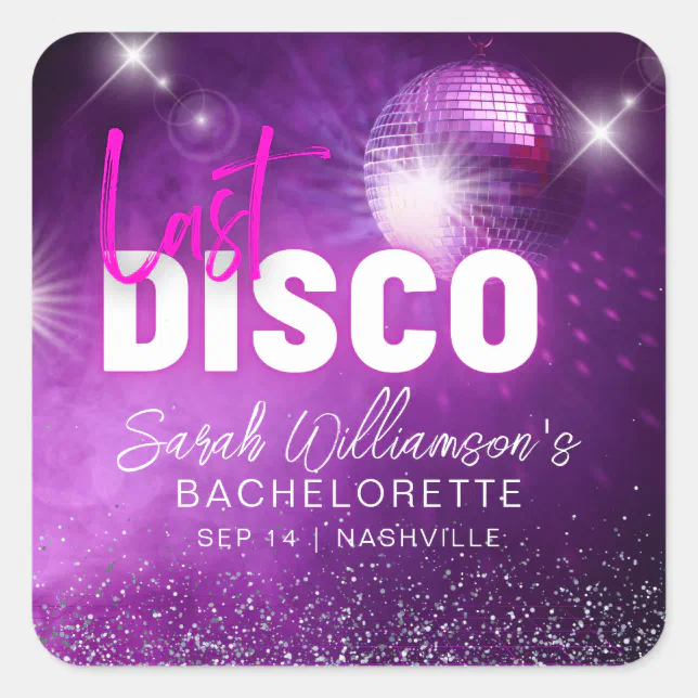 Purple Neon Pink Last Disco Bachelorette Party Square Sticker | Zazzle
