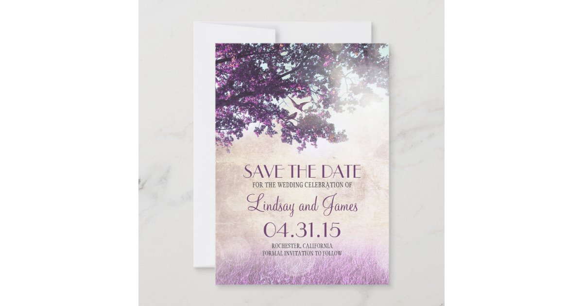 Purple old oak tree romantic save the date cards | Zazzle
