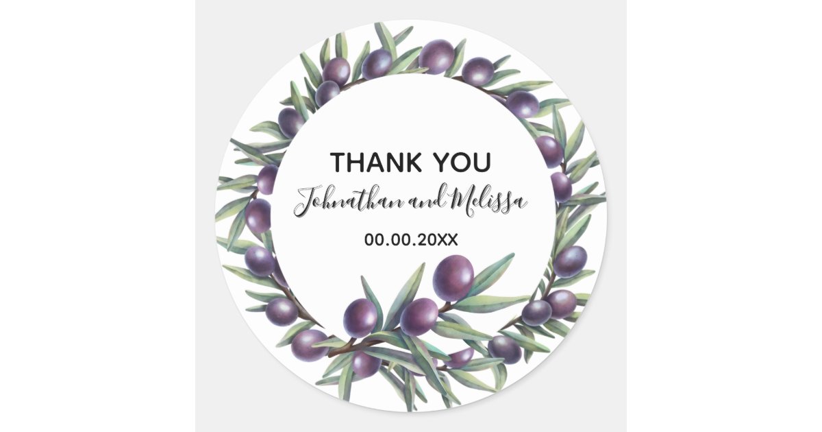 Purple olive branch / thank you party classic round sticker | Zazzle