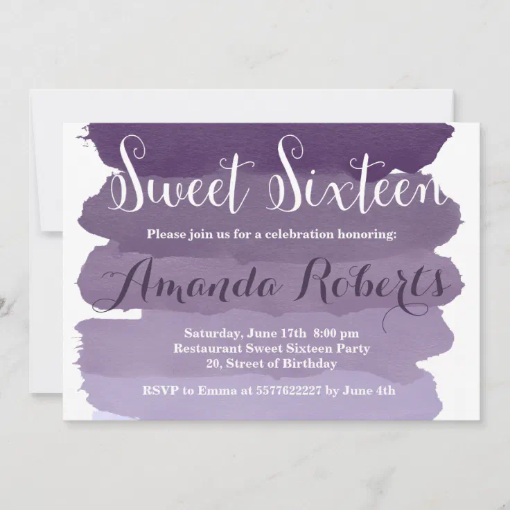 Purple ombre watercolor modern Sweet 16 Invitation | Zazzle