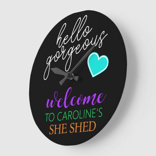 Purple Orange Aqua White Retro She Shed Welcome Large Clock | Zazzle