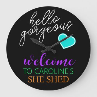 Purple Orange Aqua White Retro She Shed Welcome Large Clock | Zazzle