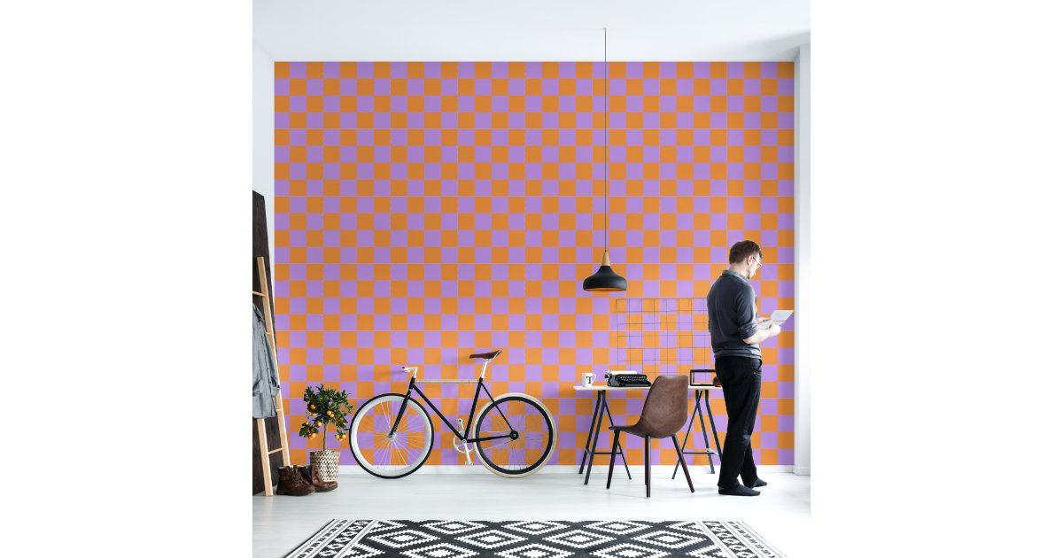 Purple Orange Checkered Wallpaper | Zazzle