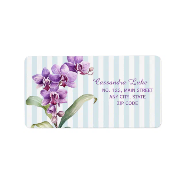 Purple Orchid Green Stripes Floral Birthday Label | Zazzle