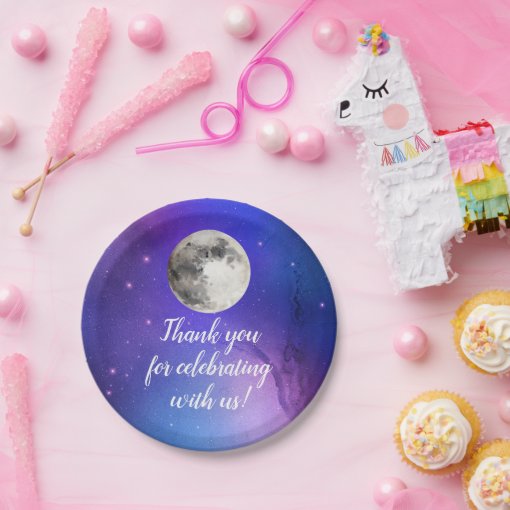 Purple Outer Space Stars Over the Moon Celestial Paper Plates | Zazzle