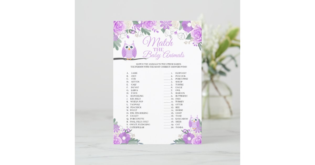 Purple Owl Floral Match The Baby Animals Game Card | Zazzle
