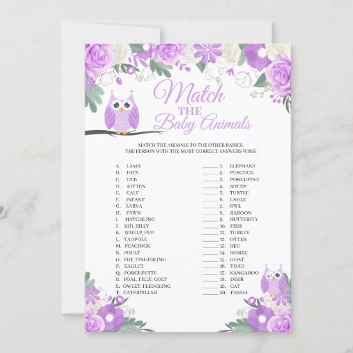 Purple Owl Floral Match The Baby Animals Game Card | Zazzle