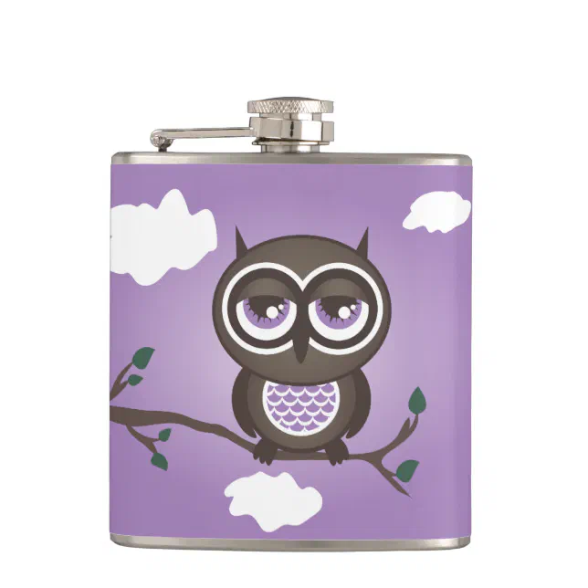 Purple Owl Sitting on a Branch Flask | Zazzle