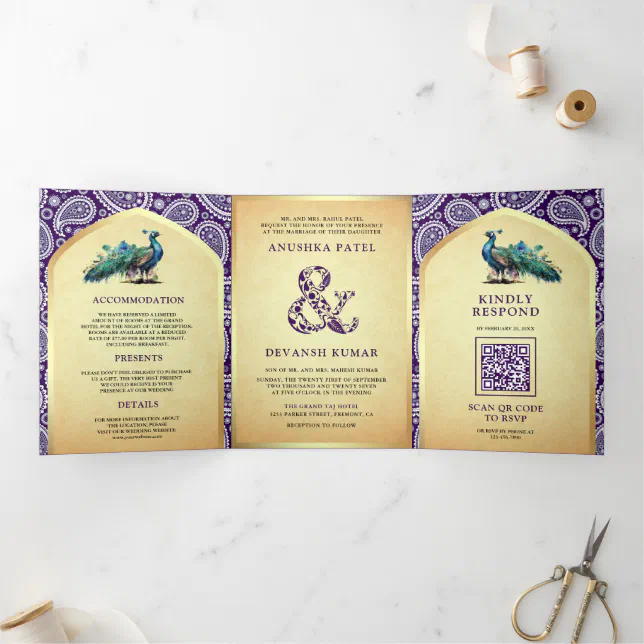 Purple Paisley Indian Peacock QR Code Wedding Tri-Fold Invitation | Zazzle