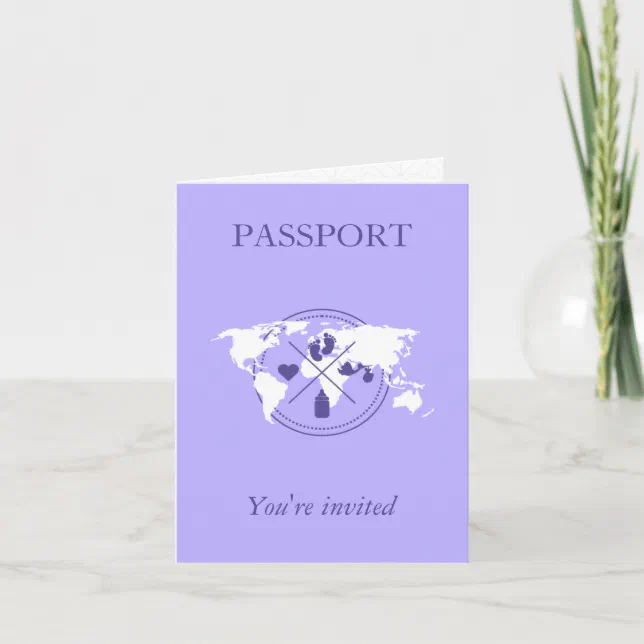 Purple Passport Travel Girl Baby Shower World Map Invitation | Zazzle
