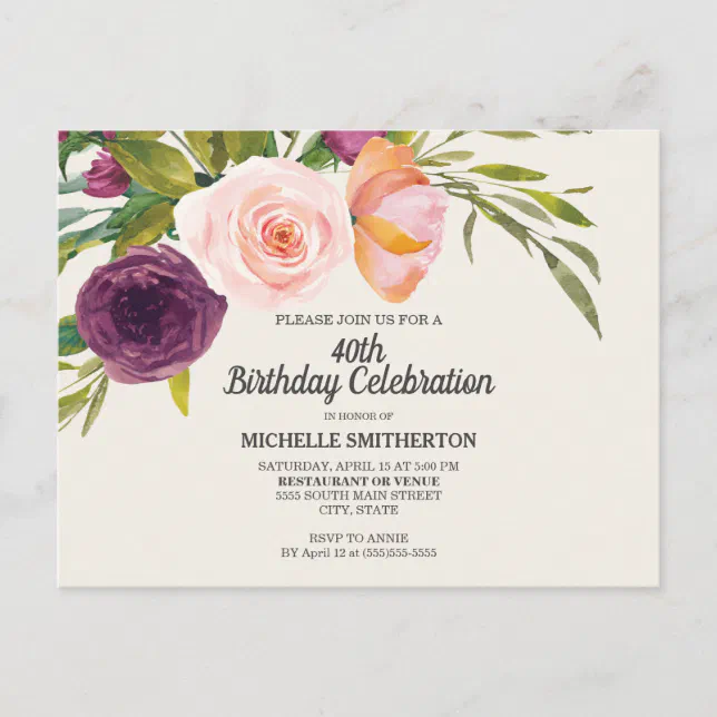 Purple Peach Watercolor Floral Ivory 40th Birthday Postcard | Zazzle