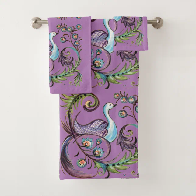 Purple Peacock Exotic Turquoise Scroll Chinoiserie Bath Towel Set | Zazzle