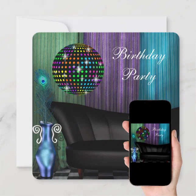 Purple Peacock Mirror Ball Disco Birthday Party Invitation | Zazzle