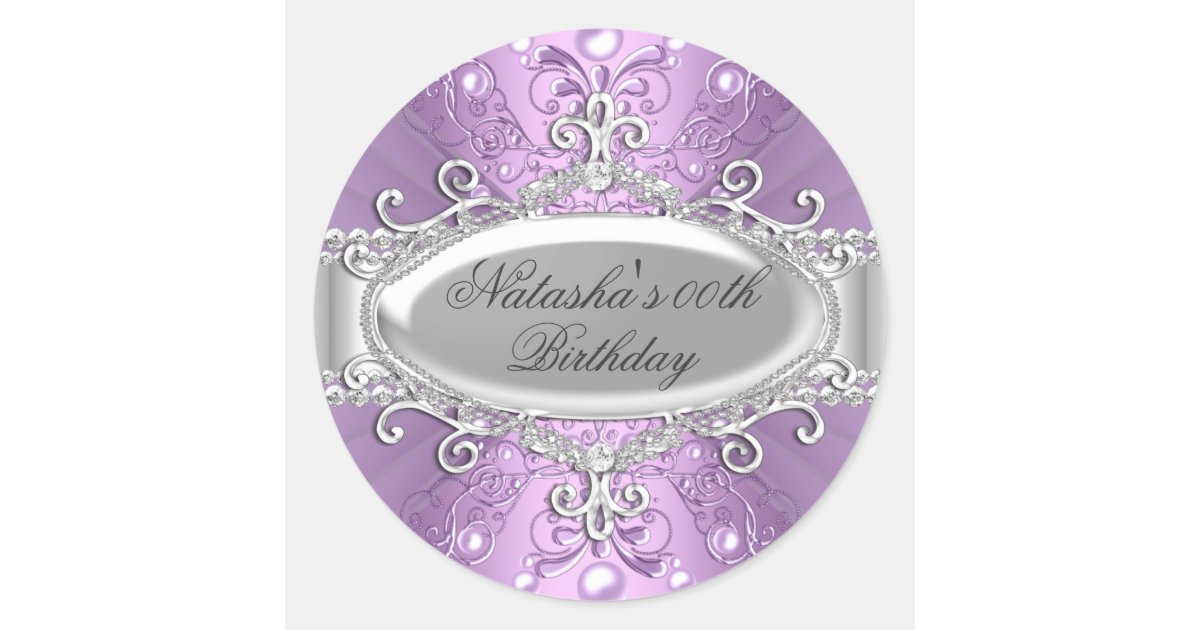 Purple Pearl & Diamond Damask Birthday Sticker | Zazzle