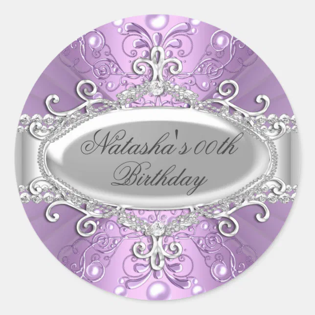 Purple Pearl & Diamond Damask Birthday Sticker | Zazzle