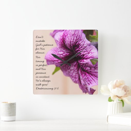 Purple Petunia, Scripture Quote from Deuteronomy Square Wall Clock | Zazzle