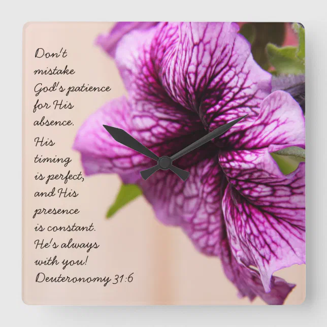 Purple Petunia, Scripture Quote from Deuteronomy Square Wall Clock | Zazzle