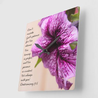 Purple Petunia, Scripture Quote from Deuteronomy Square Wall Clock | Zazzle