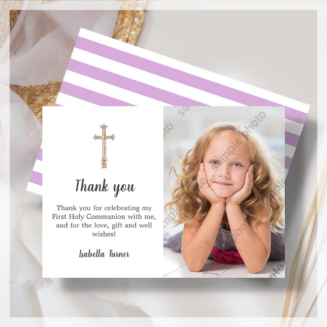 Purple Photo First Holy Communion Thank You Card | Zazzle