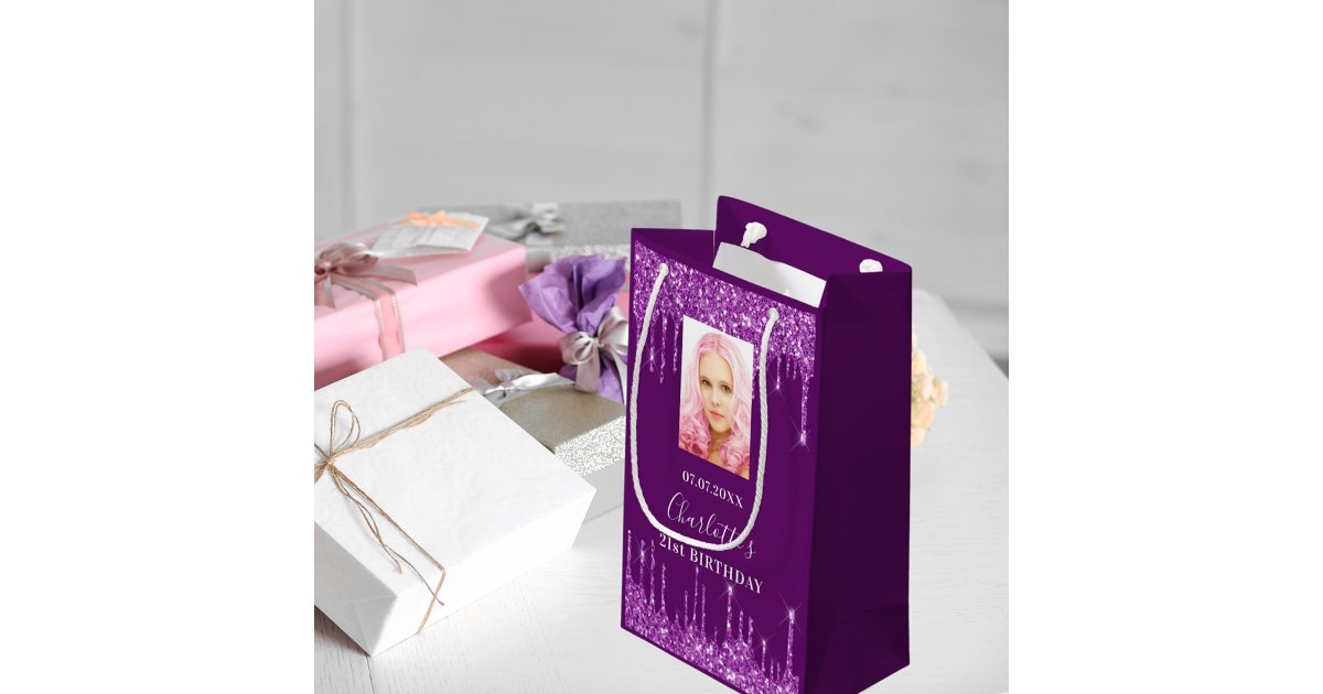 Purple photo glitter drips photo small gift bag | Zazzle