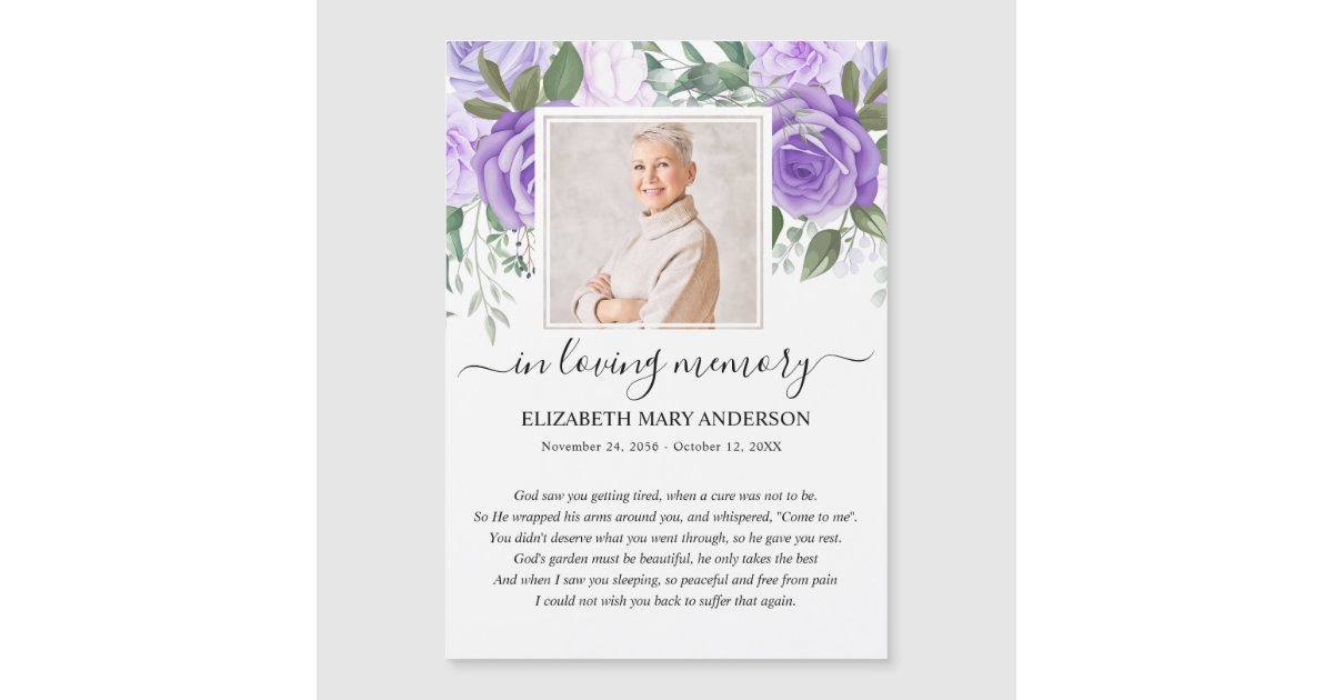 Purple Photo Sympathy Funeral Prayer Card | Zazzle