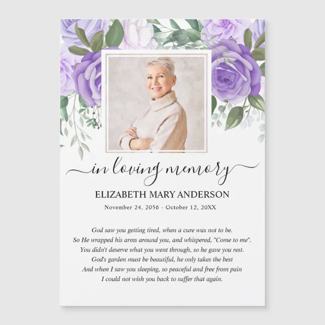 Purple Photo Sympathy Funeral Prayer Card | Zazzle