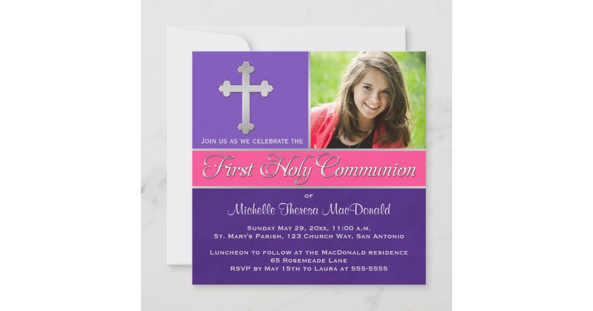 Purple, Pink 1st Holy Communion Photo Invite | Zazzle