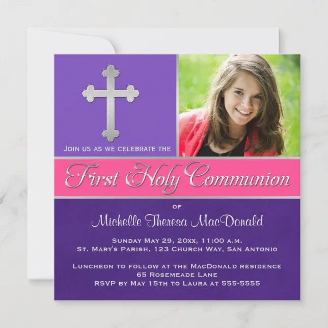 Purple, Pink 1st Holy Communion Photo Invite | Zazzle