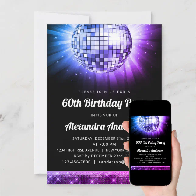 Purple Pink 60th Birthday Party 70's Disco Ball Invitation | Zazzle