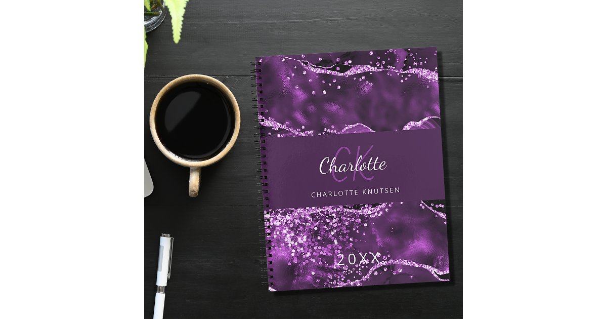 Purple pink agate marble monogram notebook | Zazzle
