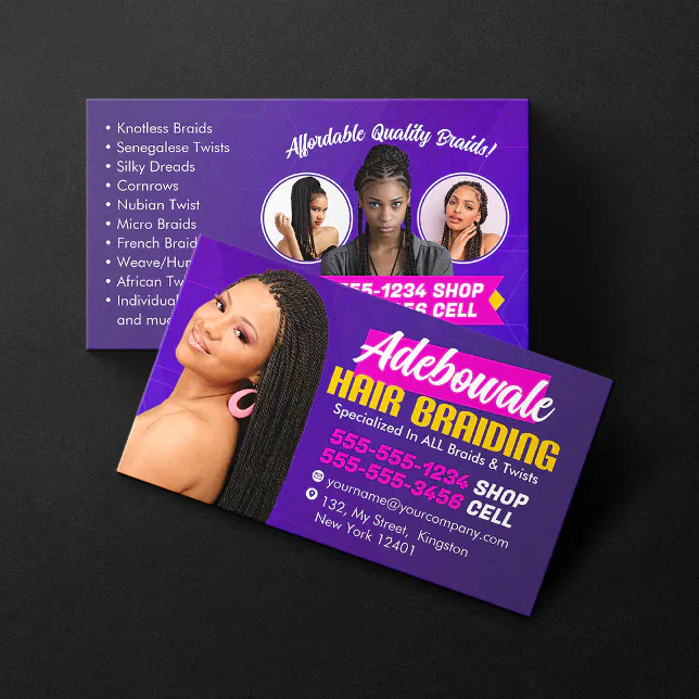 Purple, Pink and Yellow African Hair Braids Photo Business Card | Zazzle