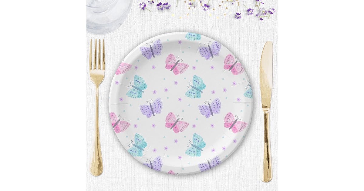 Purple Pink Aqua Butterflies Baby Shower Paper Plates | Zazzle