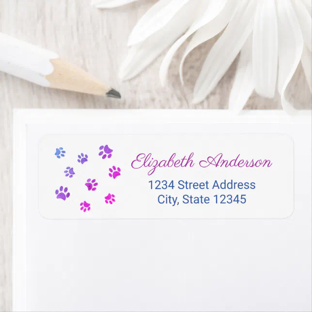 Purple Pink Blue Paw Prints Return Address Label | Zazzle