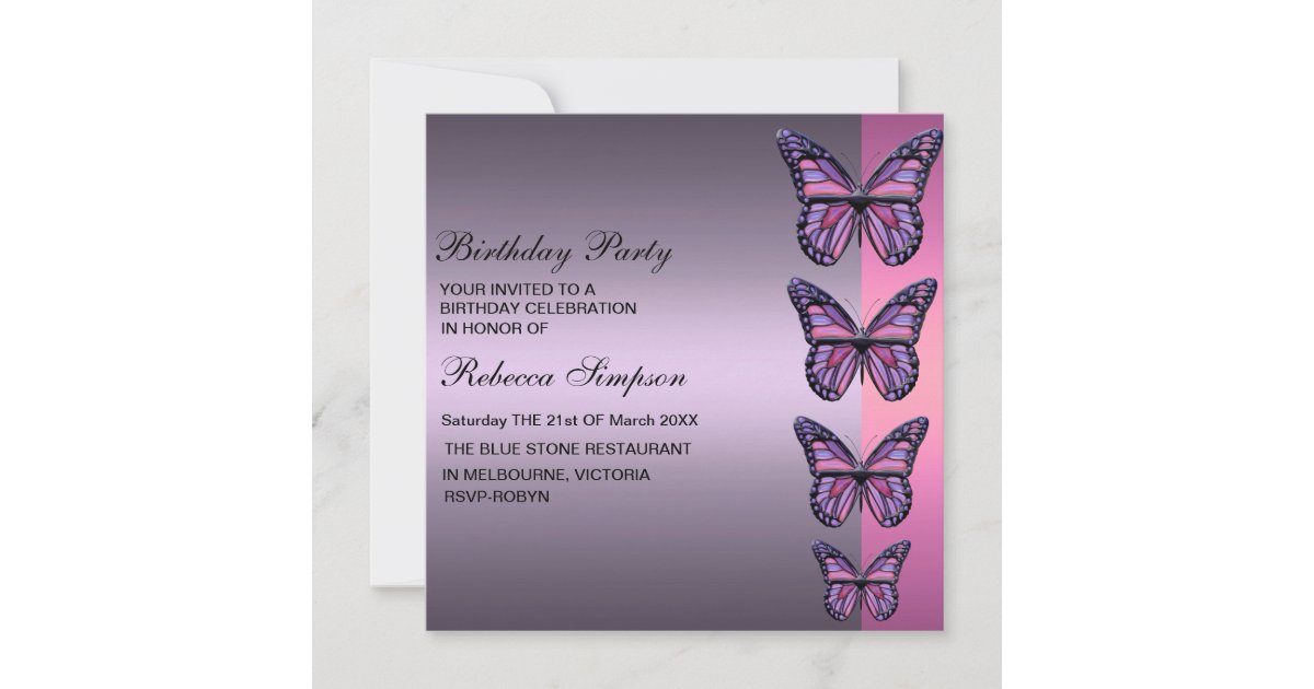 Purple & Pink Butterfly Birthday Invitation | Zazzle