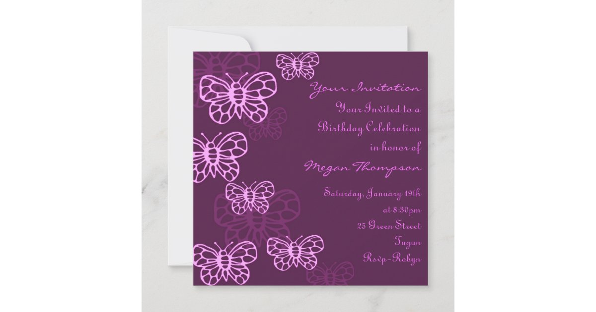 Purple & Pink Butterfly Birthday Invitation | Zazzle