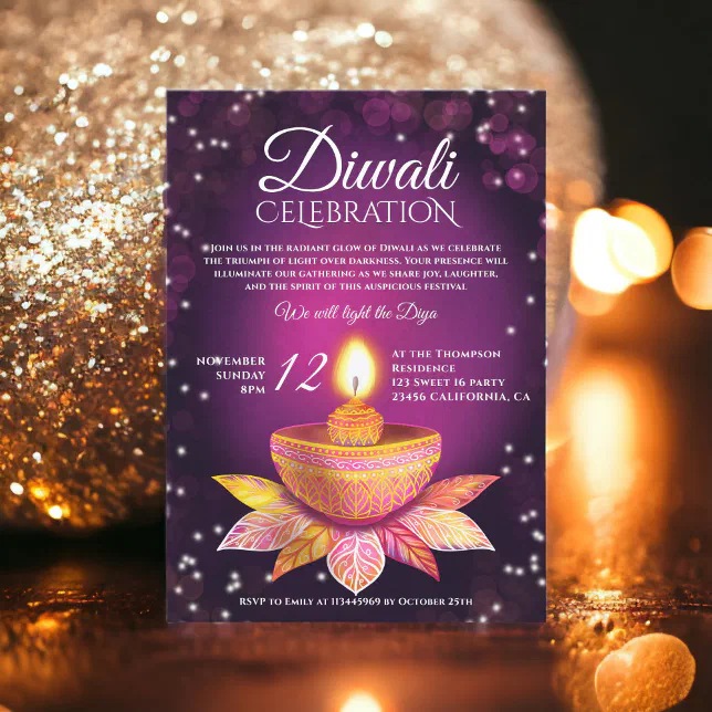 Purple pink Diwali Lamps light illustration script Invitation | Zazzle