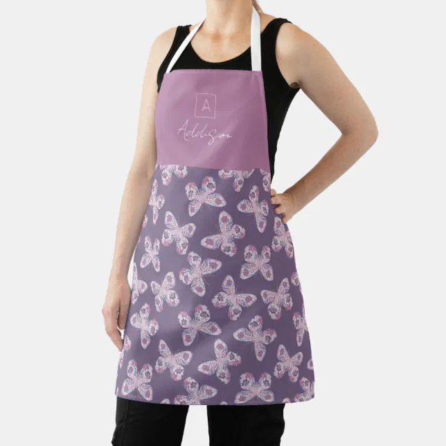 Purple Pink Floral Butterfly Personalized Monogram Apron | Zazzle