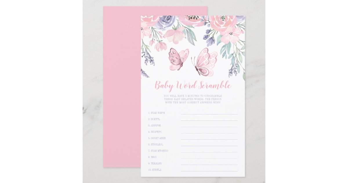 Purple Pink Floral Butterfly Word Scramble Game | Zazzle