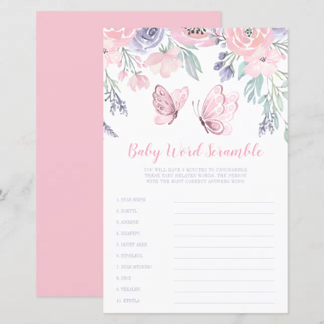Purple Pink Floral Butterfly Word Scramble Game | Zazzle