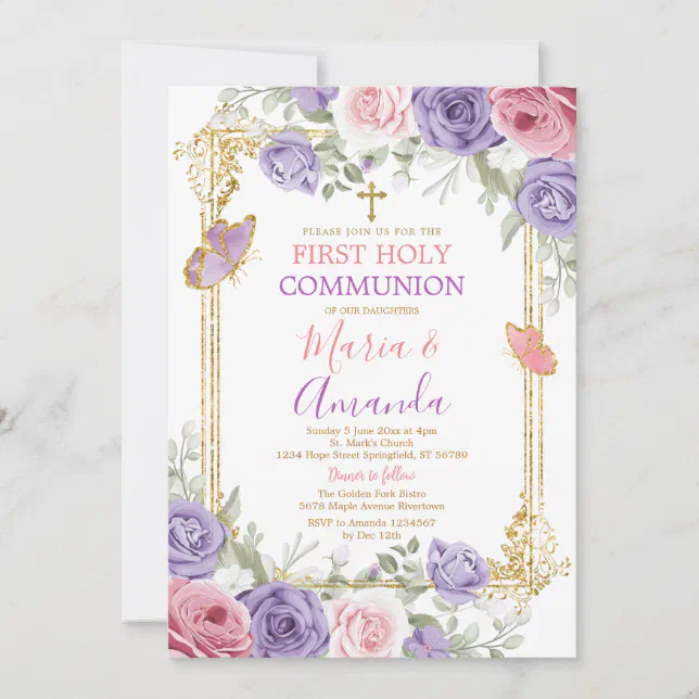 Purple Pink Floral Gold Cross First Holy Communion Invitation | Zazzle