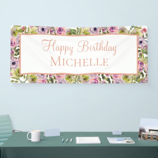 Purple Pink Floral Happy Birthday Banner | Zazzle