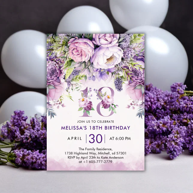 Purple & Pink Garden Flowers 18th Birthday Invitation | Zazzle