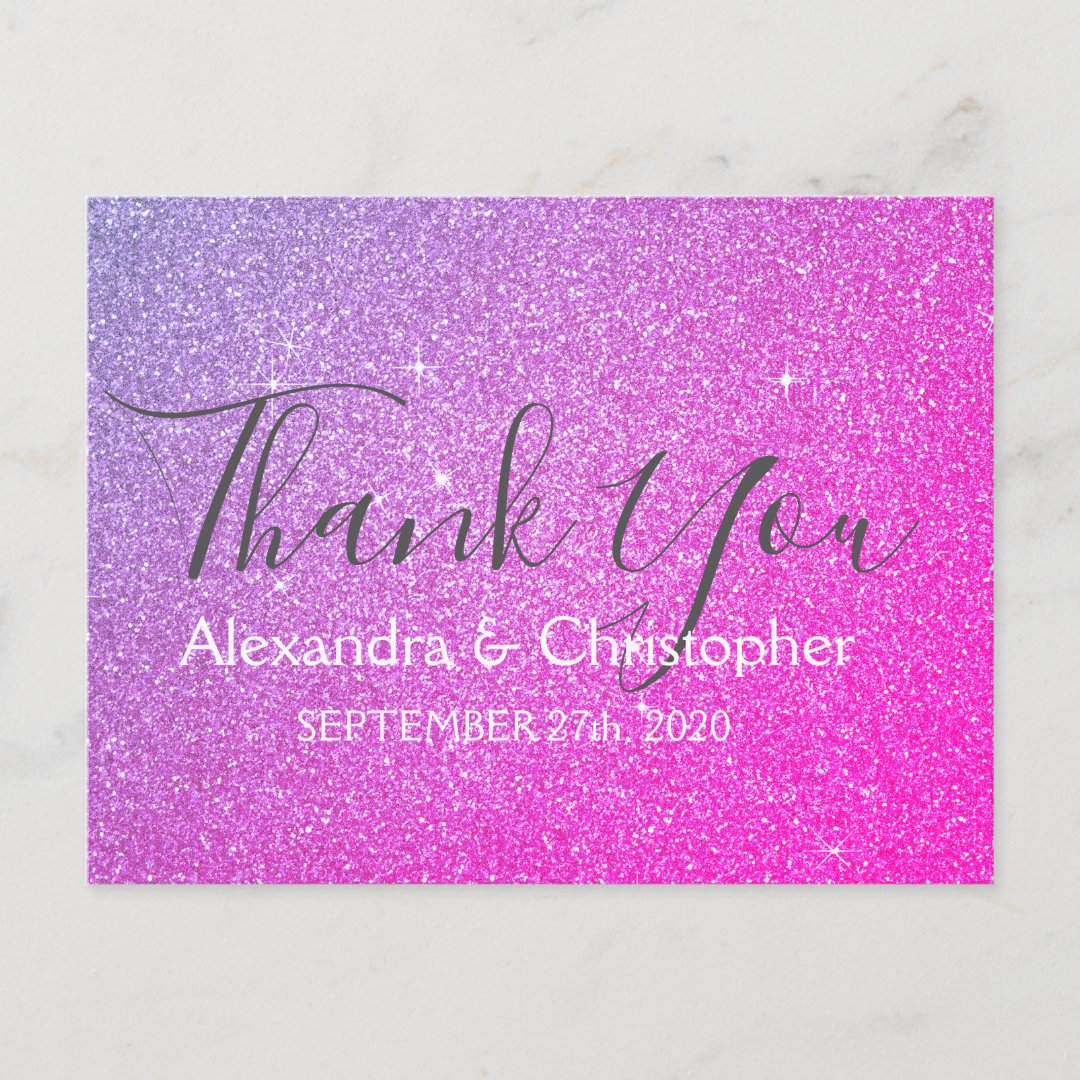 Purple Pink Glitter and Sparkle Thank You Postcard | Zazzle