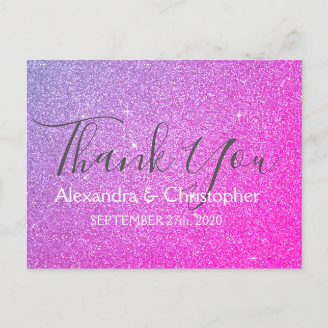Purple Pink Glitter and Sparkle Thank You Postcard | Zazzle