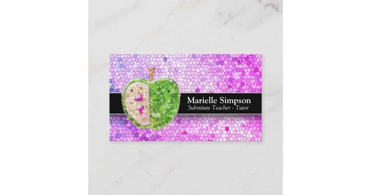 Purple Pink Glitter Apple Substitute Teacher Tutor Business Card | Zazzle