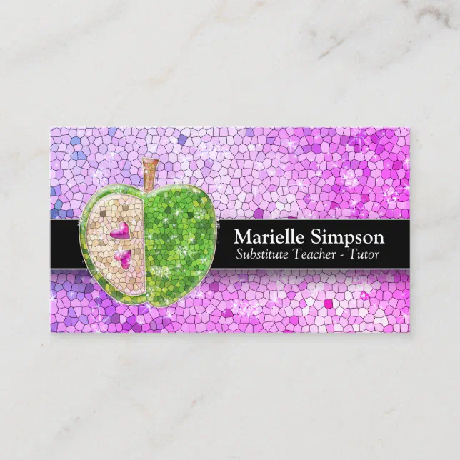 Purple Pink Glitter Apple Substitute Teacher Tutor Business Card | Zazzle