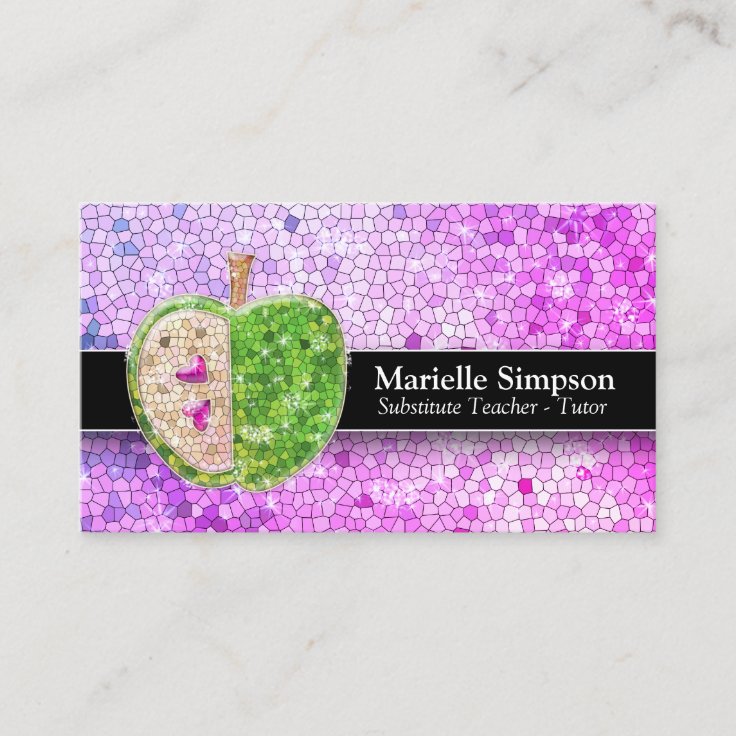 Purple Pink Glitter Apple Substitute Teacher Tutor Business Card | Zazzle
