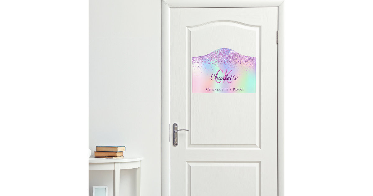 Purple pink glitter dust holographic monogram name door sign | Zazzle